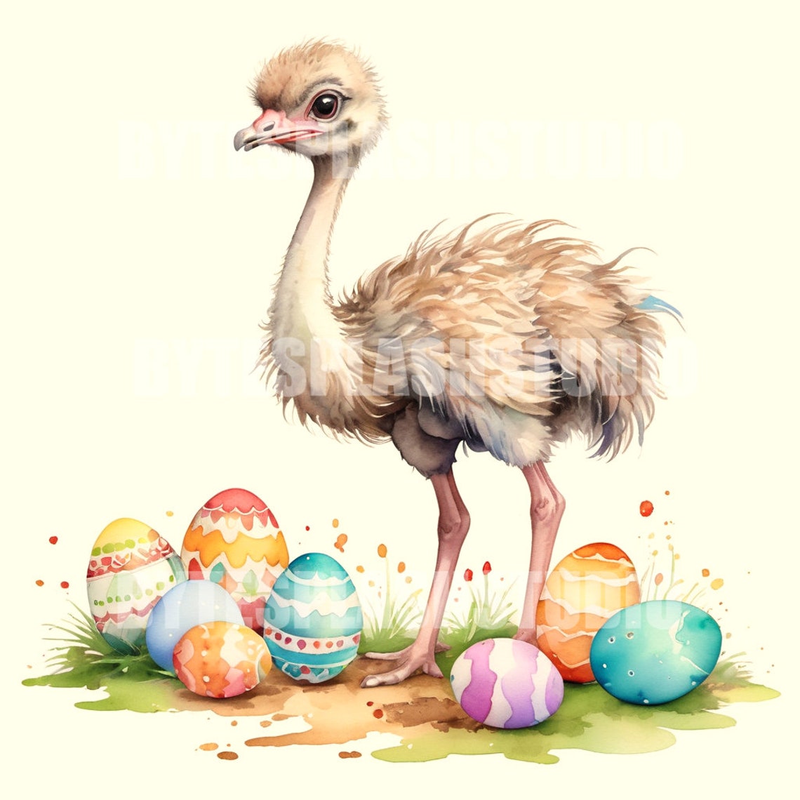 Playful Cartoonic Baby Ostrich With Easter Eggs 3 High-quality PNG ...