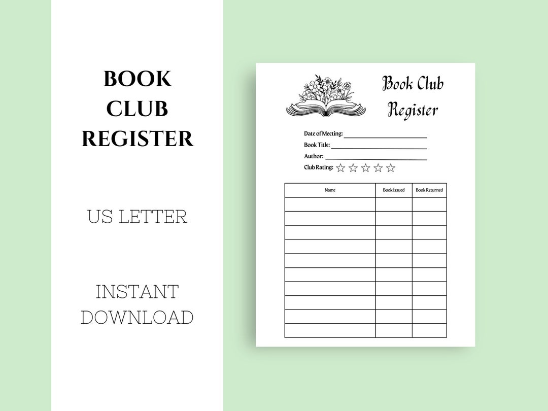 Printable Book Club Register, Reading Group Meeting Organizer, US ...