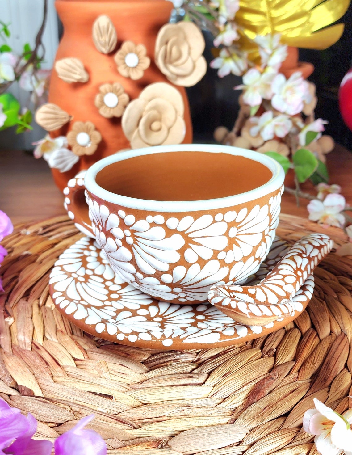 Mexican Talavera Brown Mug Spoon and Cookie Plate Set Coffee Hot ...