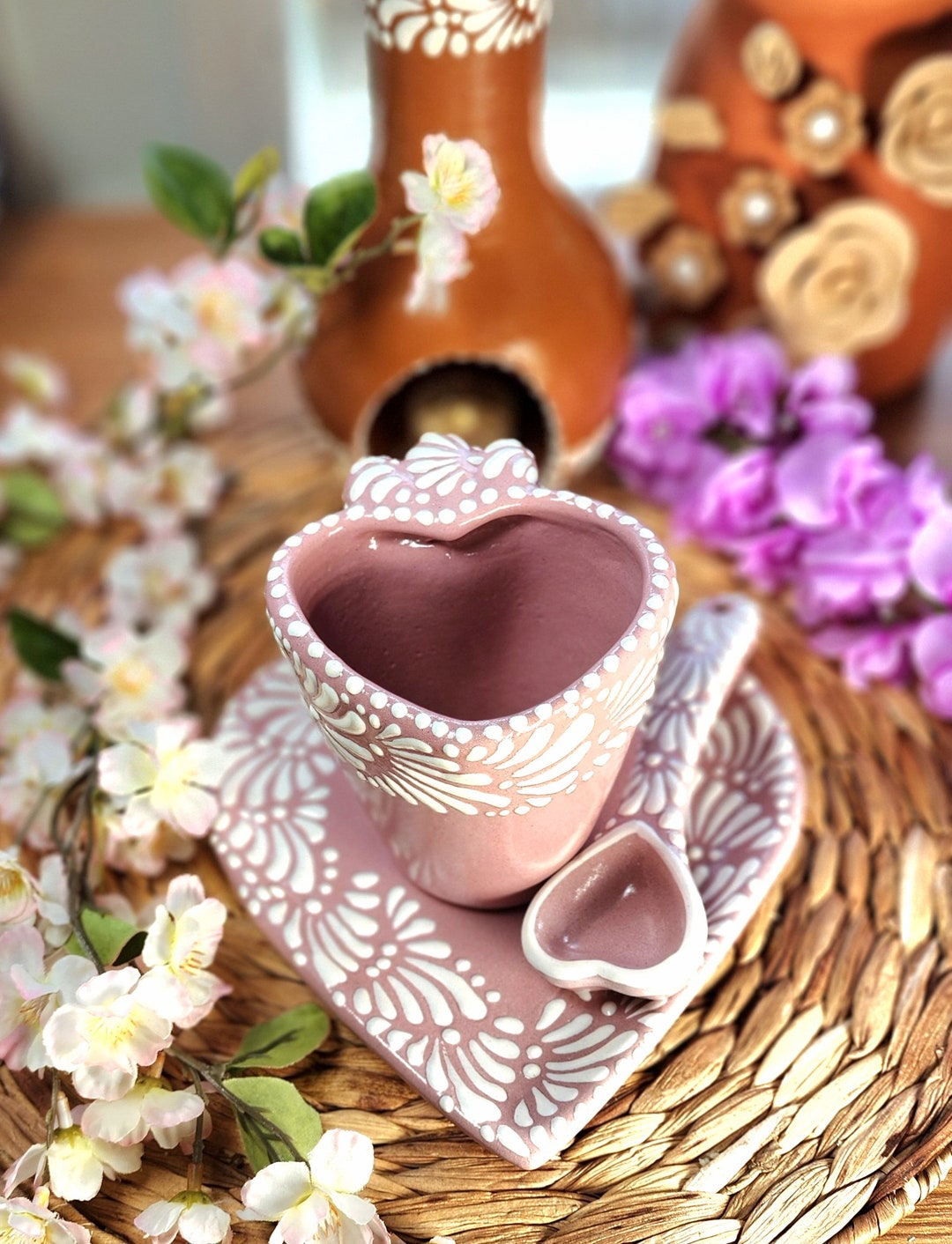 Mexican Pink Talavera Heart Mug Spoon Cookie Plate Set Coffee Hot ...