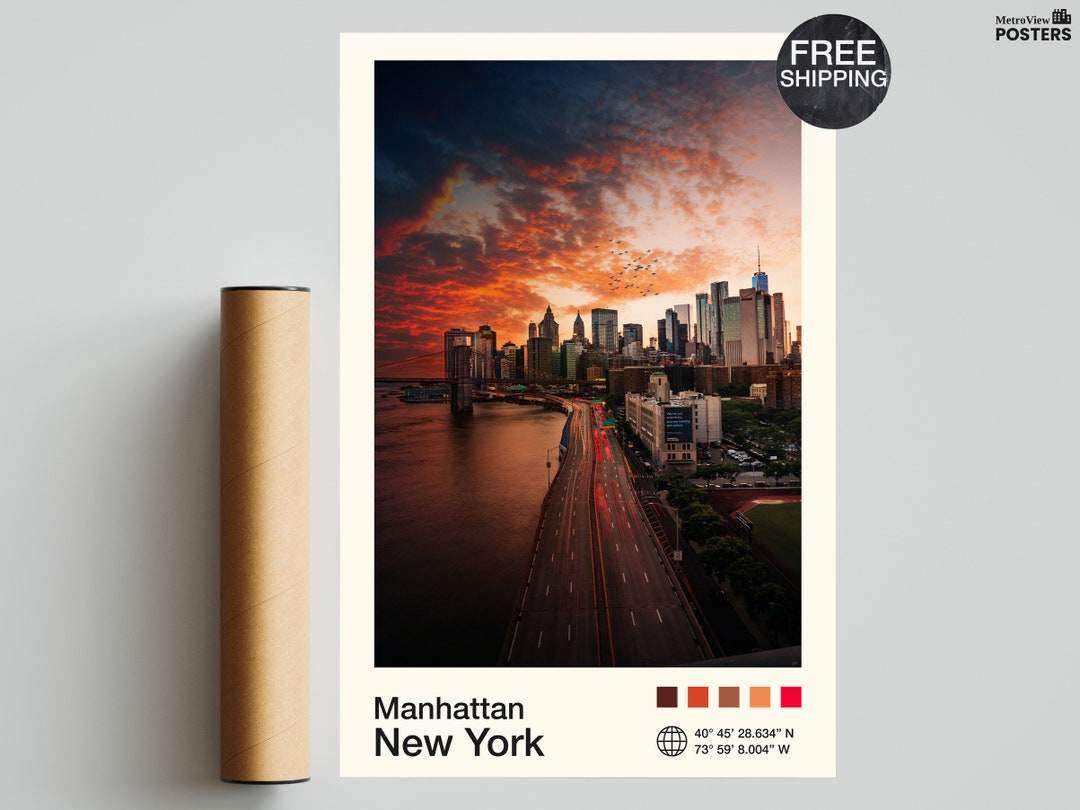 Manhattan, New York Poster, Travel Poster, Aesthetic Design, Vintage ...