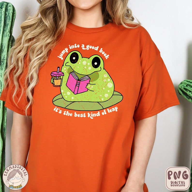 Jump Into a Good Book Frog Png, Cute Bookish Frog With Iced Coffee & a ...