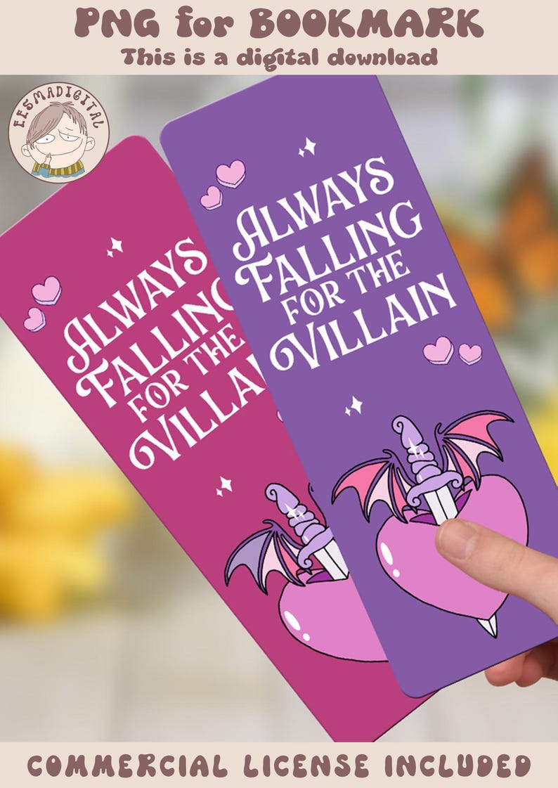 Always Falling for the Villain Bookmark Design, Bookish PNG File, Cute ...