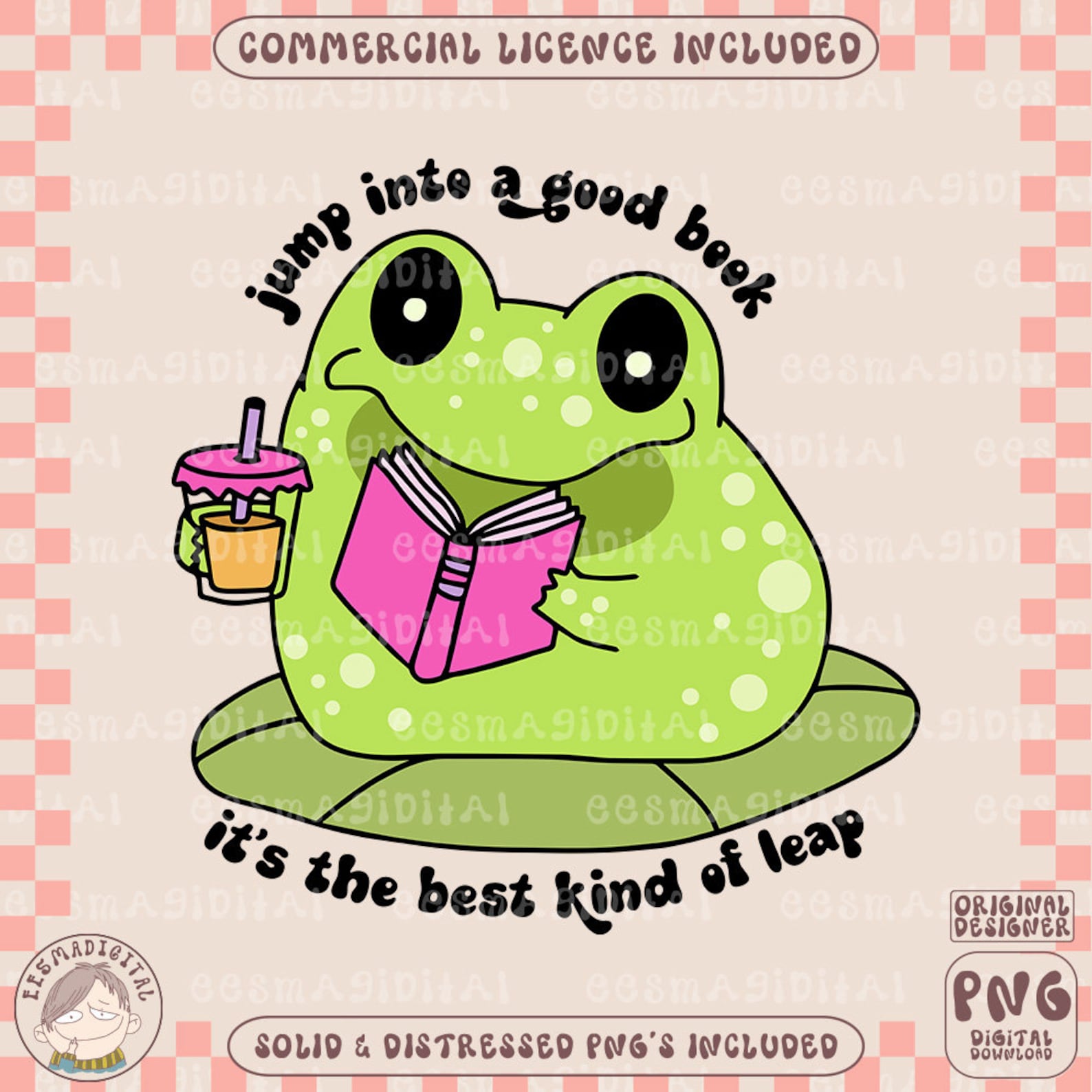 Jump Into a Good Book Frog Png, Cute Bookish Frog With Iced Coffee & a ...