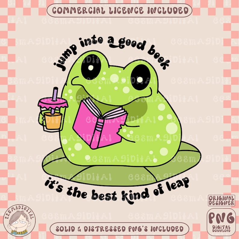 Jump Into a Good Book Frog Png, Cute Bookish Frog With Iced Coffee & a ...