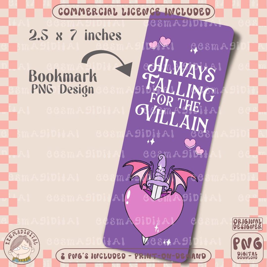 Always Falling for the Villain Bookmark Design, Bookish PNG File, Cute ...