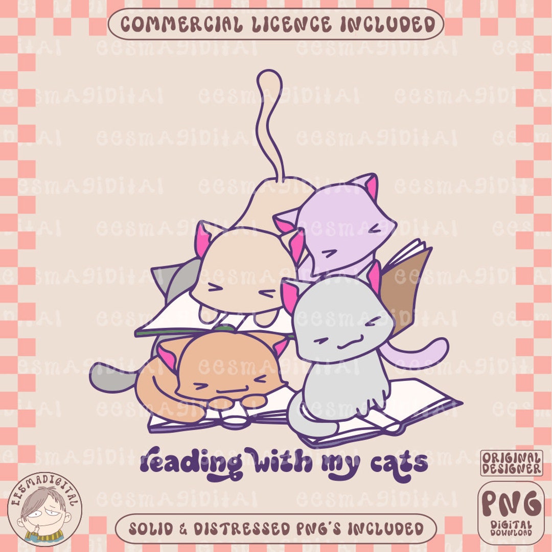Reading With My Cats PNG, Cute Trendy Bookish Cat Artsy Design for ...