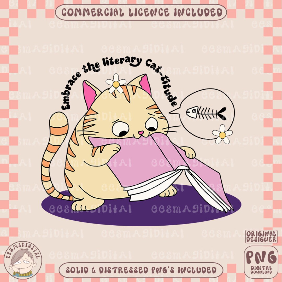 Embrace the Literary Cat-titude PNG File, Cute Trendy Bookish Cat Artsy ...