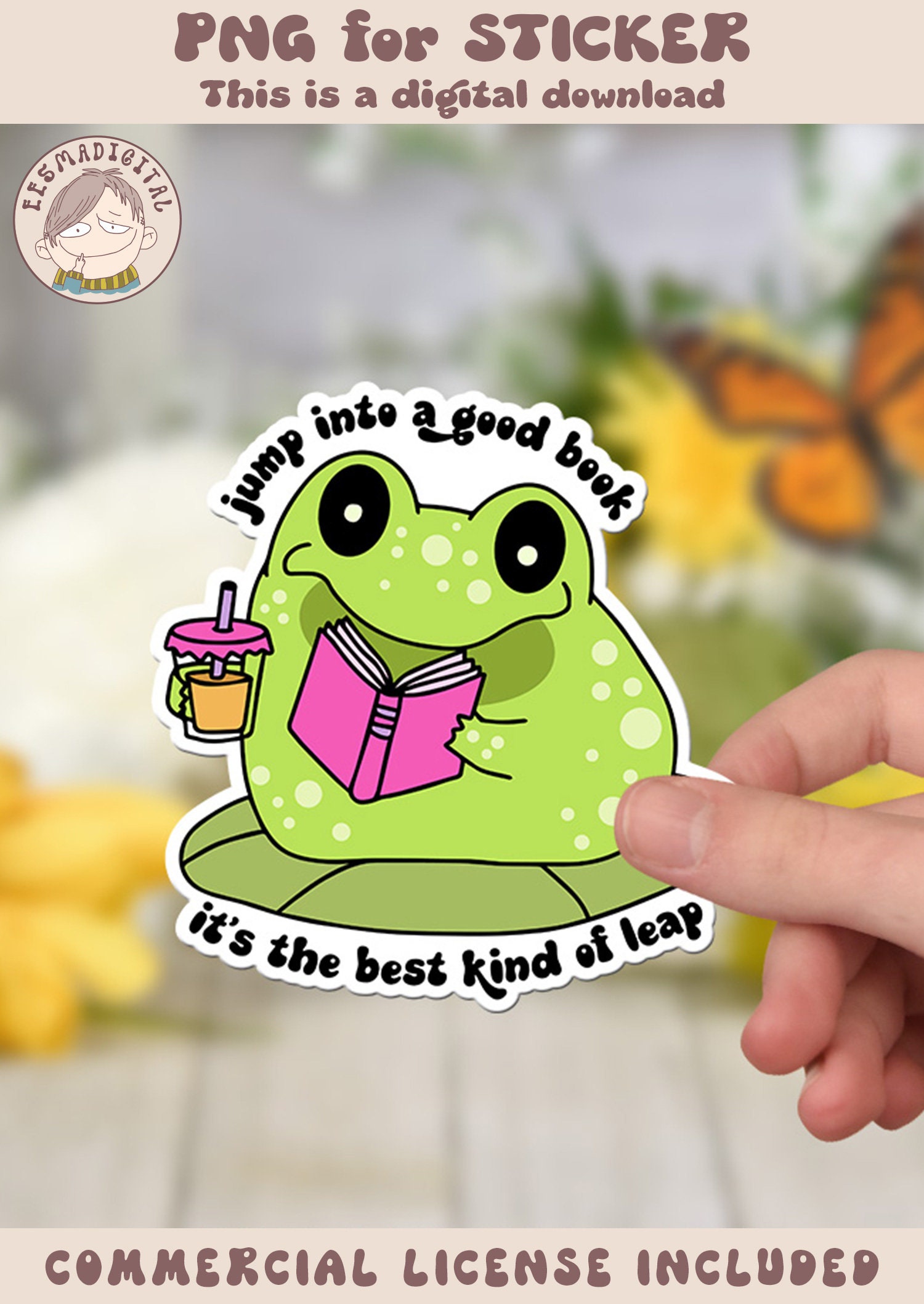 Jump Into a Good Book Frog Png, Cute Bookish Frog With Iced Coffee & a ...