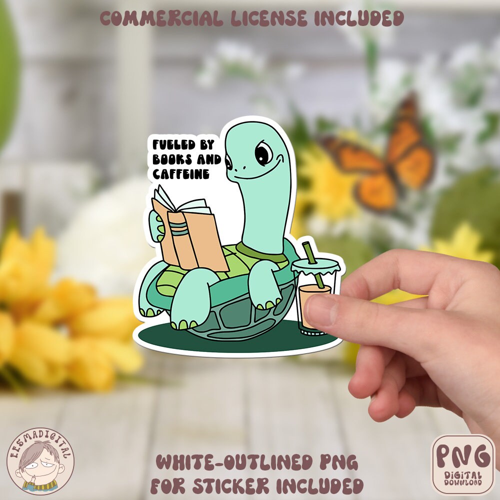 Fueled by Books and Caffeine PNG File, Cute Trendy Bookish Turtle Artsy ...