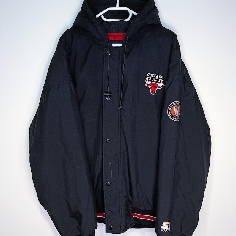 Vintage 90s Chicago Bulls Starter Jacket Black Red NBA Coat Hooded Zip ...
