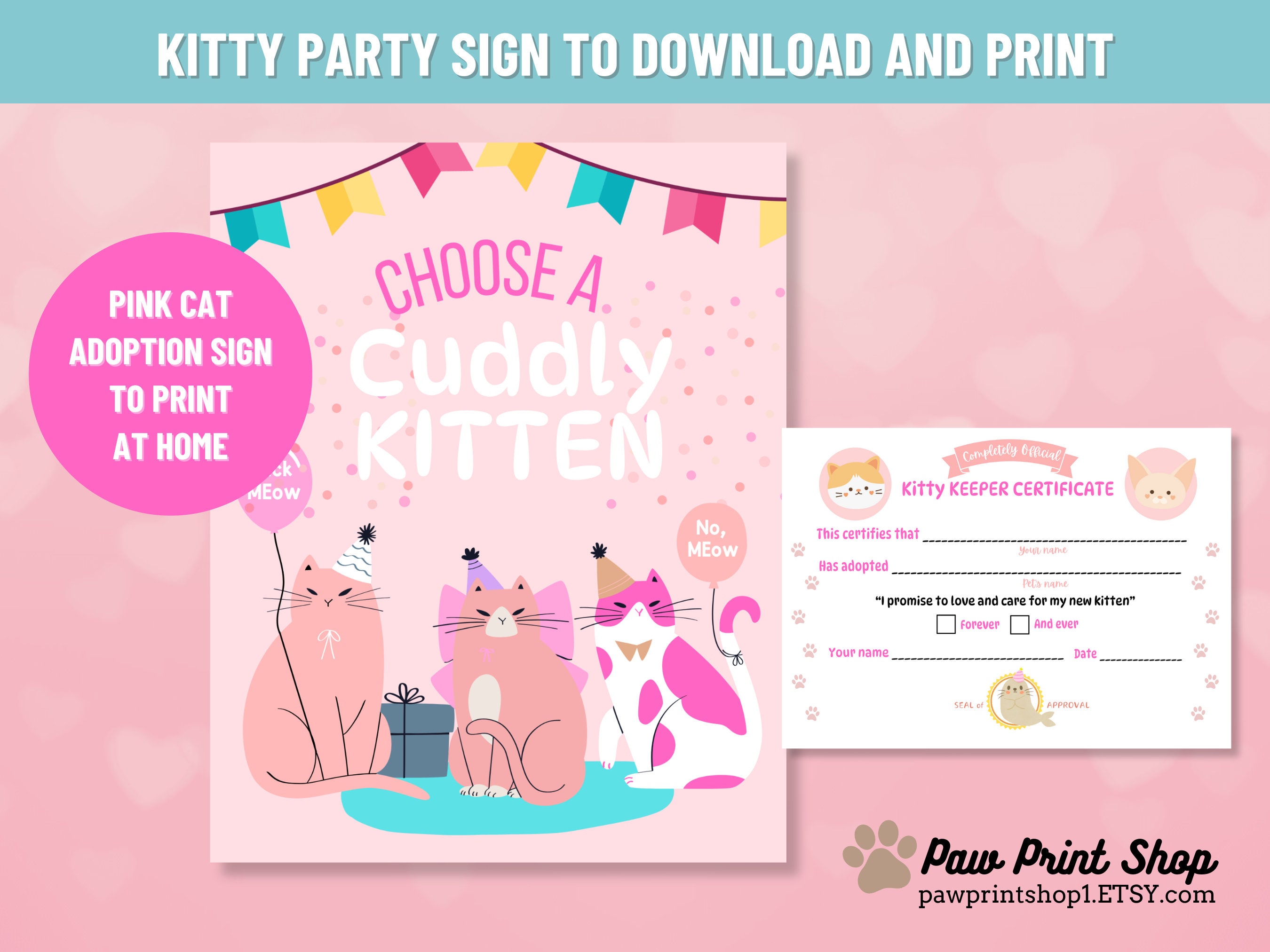 Pink Cat Adoption Printable | DIGITAL DOWNLOAD | Adopt A Cat Birthday ...