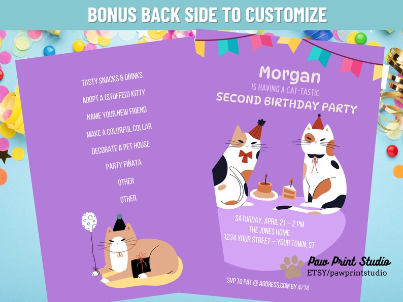 Cat-tastic Purple Birthday Printable EDITABLE DIGITAL DOWNLOAD Cat ...