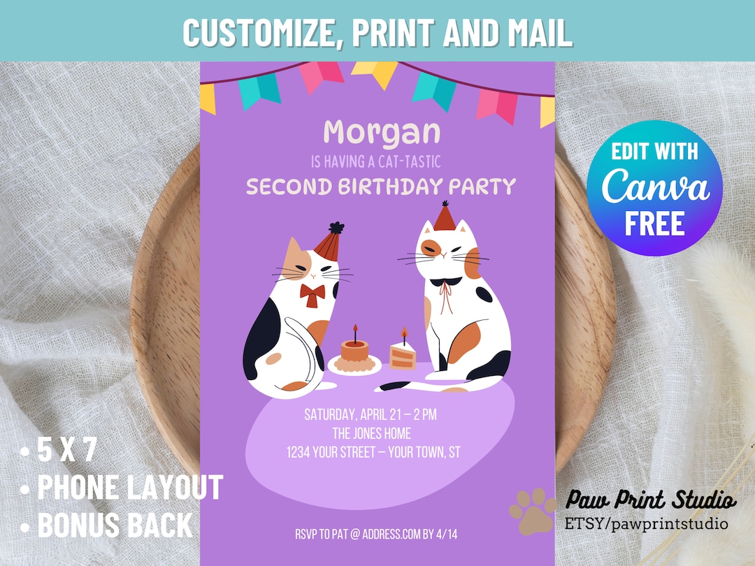 Cat-tastic Purple Birthday Printable | EDITABLE DIGITAL DOWNLOAD | Cat ...