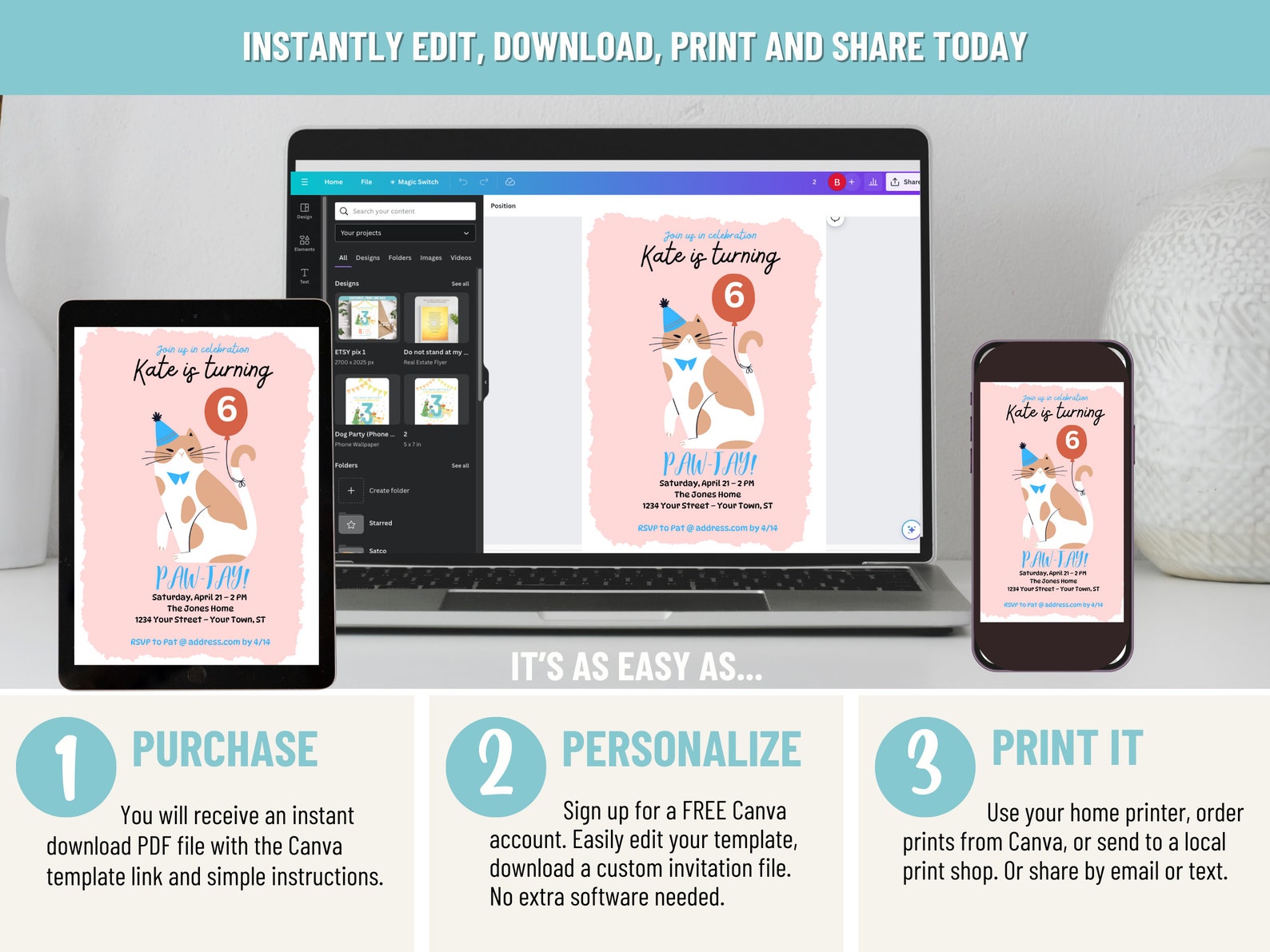 Pink Pawty Birthday Printable | EDITABLE DIGITAL DOWNLOAD | Cat ...