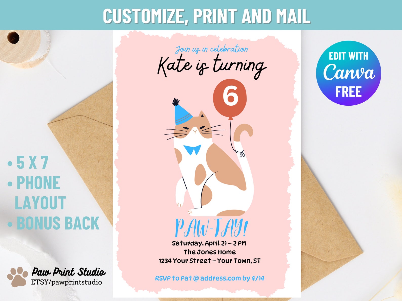 Pink Pawty Birthday Printable | EDITABLE DIGITAL DOWNLOAD | Cat ...
