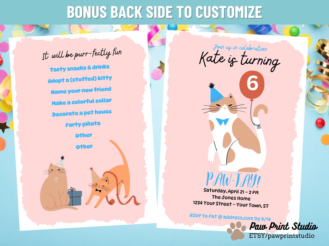 Pink Pawty Birthday Printable | EDITABLE DIGITAL DOWNLOAD | Cat ...