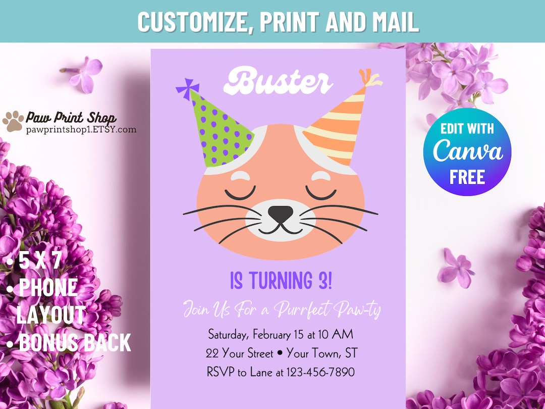 Party Hat Cat Purple Birthday Printable | EDITABLE DIGITAL DOWNLOAD ...