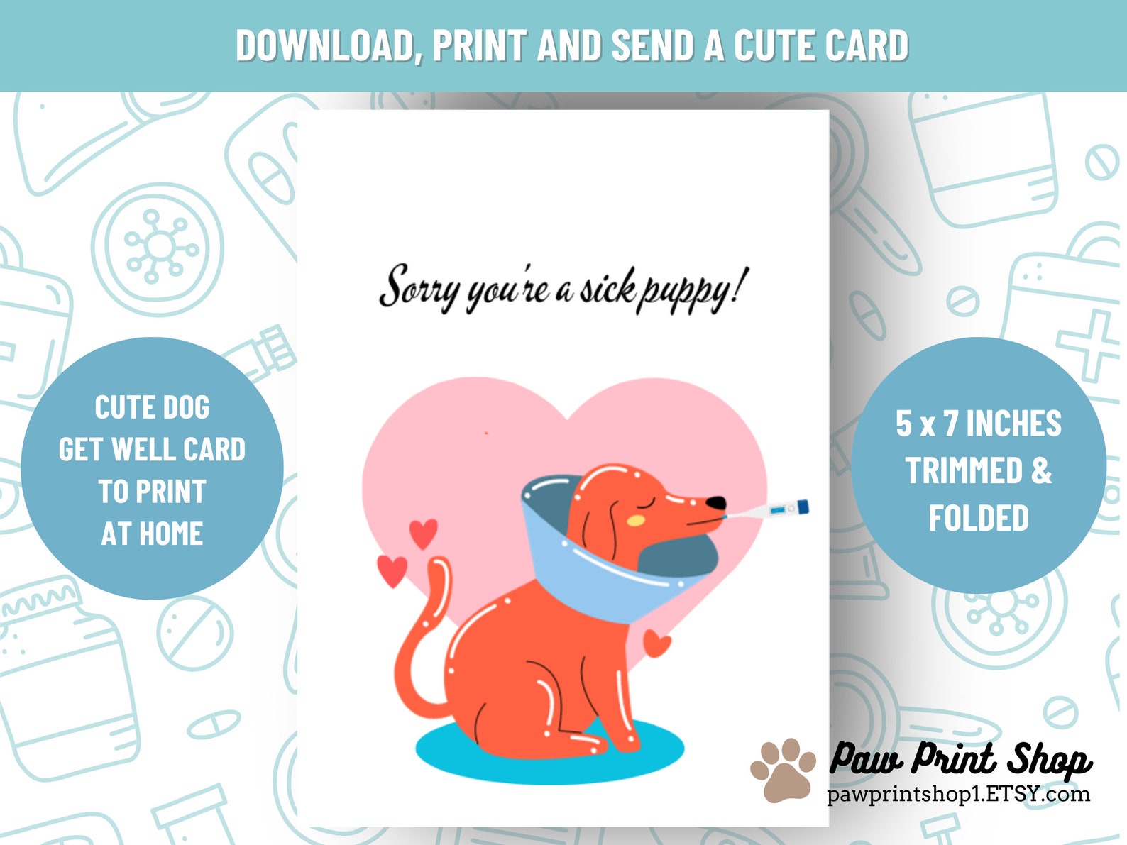 Dog Theme Get Well Card Printable | DIGITAL DOWNLOAD | Get Well Card ...