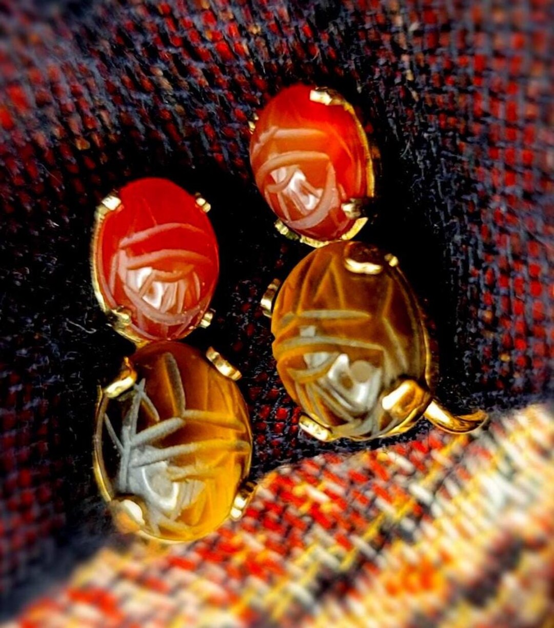 Vintage Gold Filled Carved Double Scarab Screw Back Jade and Tiger Eye ...