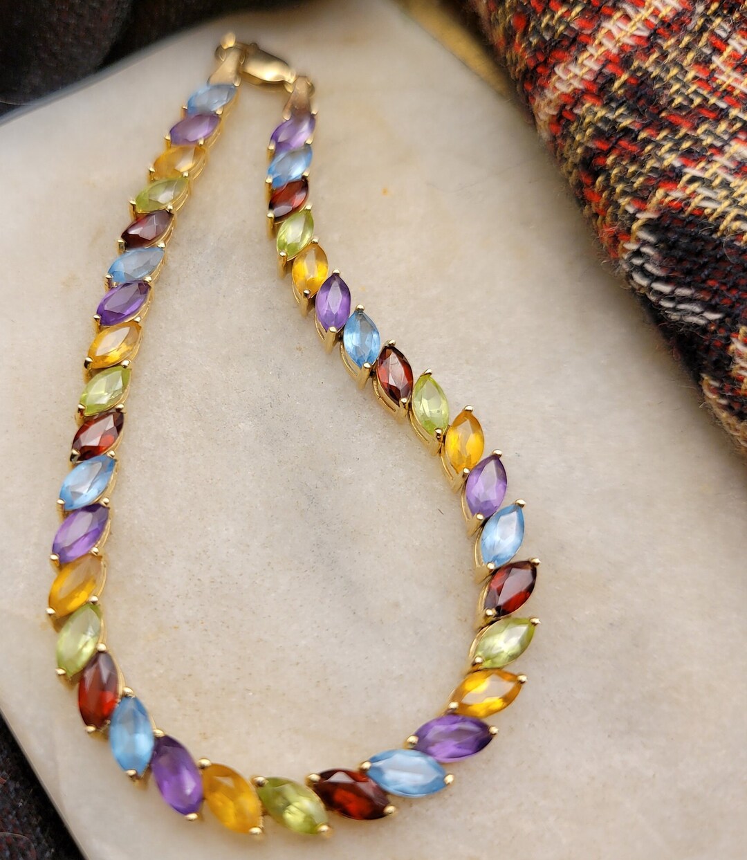 14K Gold Gemstone Tennis Bracelet, Marquise Cut Multi-gem. Citrine ...