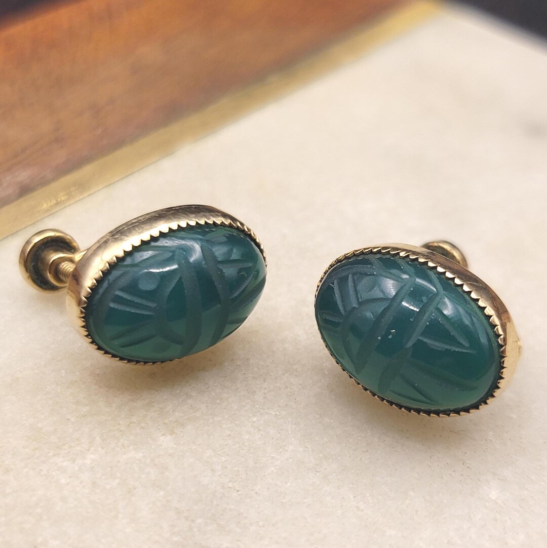 Vintage Gold Plate Carved Green Scarab Screw Back Earrings. - Etsy