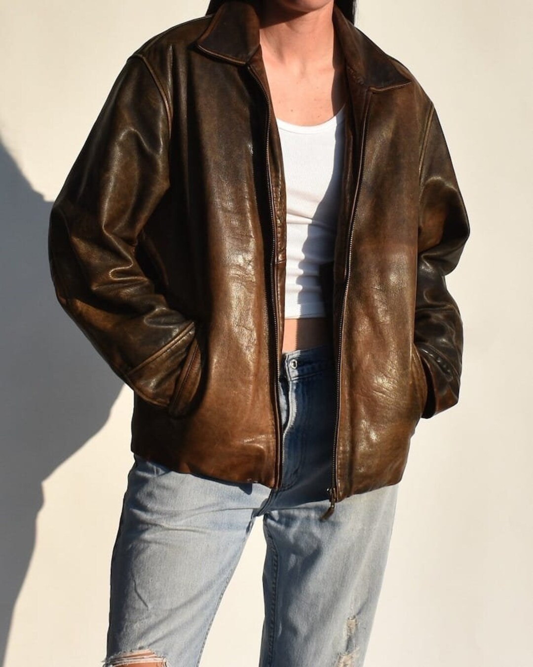 90's Women's Vintage Oversized Straight Jacket, Ladies Leather Jacket, Ladies Biker Jacket ...