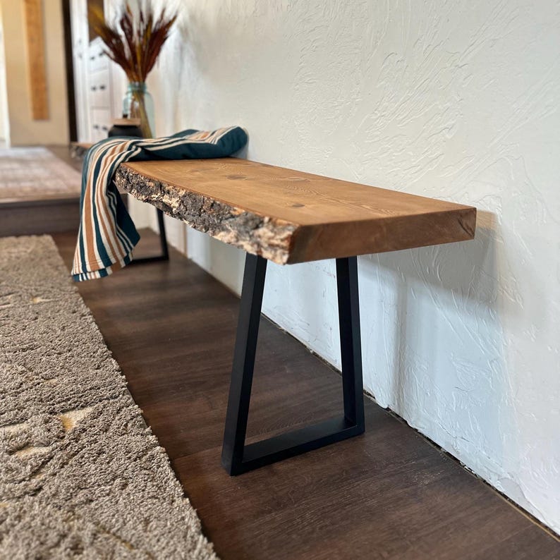 Rustic Entryway Bench With Trapezoid Steel Legs, Live Edge Coffee Table ...
