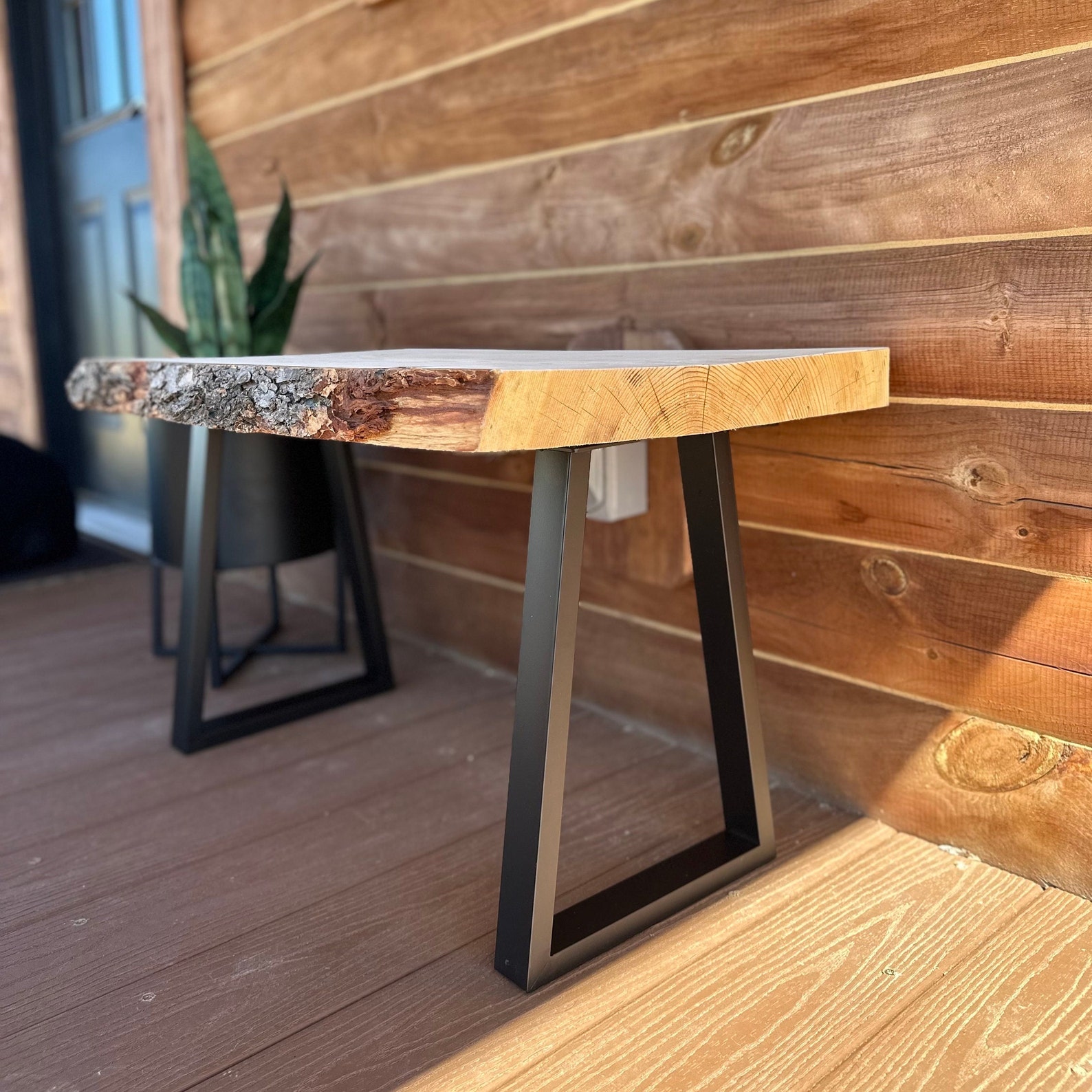 Reclaimed Wood Modern Farmhouse Bench With Trapezoid Legs Entryway Bench Live Edge Bench Entry ...