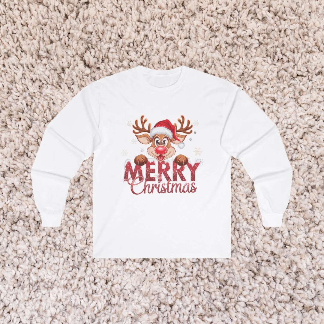 Rudolph Plaid Font Merry Christmas Long Sleeve Holiday Attire Festive ...