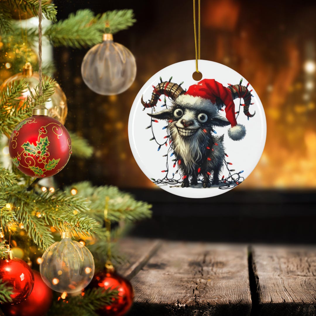 Grinning Ram Wrapped in Christmas Lights Ceramic Ornament | Christmas ...