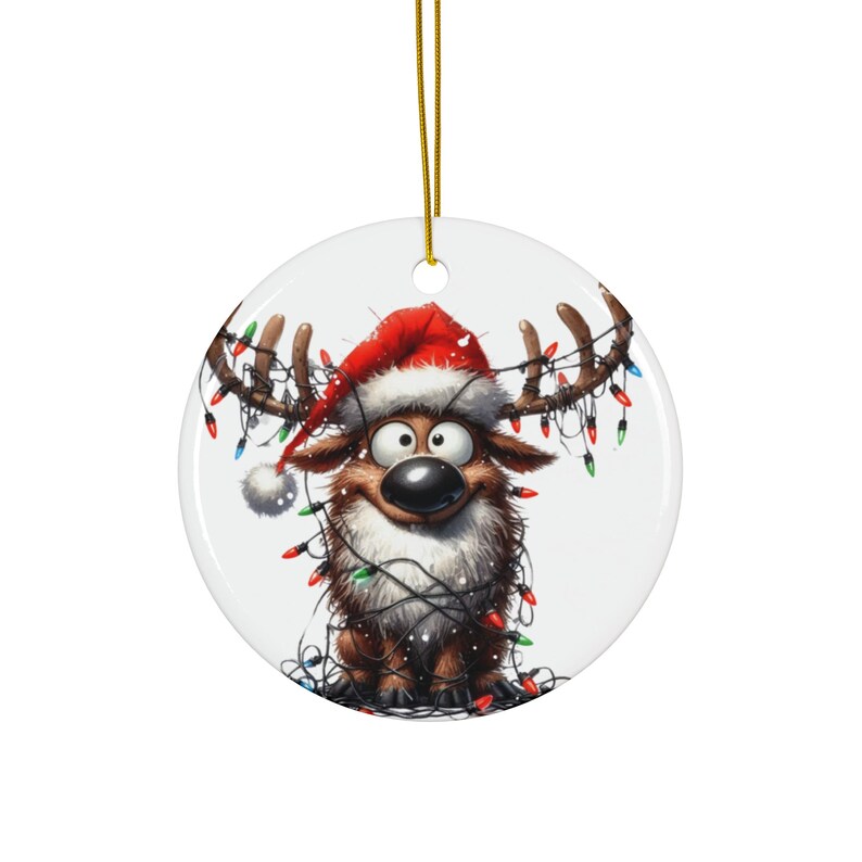 Smiling Reindeer Wrapped in Christmas Lights Ceramic Ornament Ceramic ...
