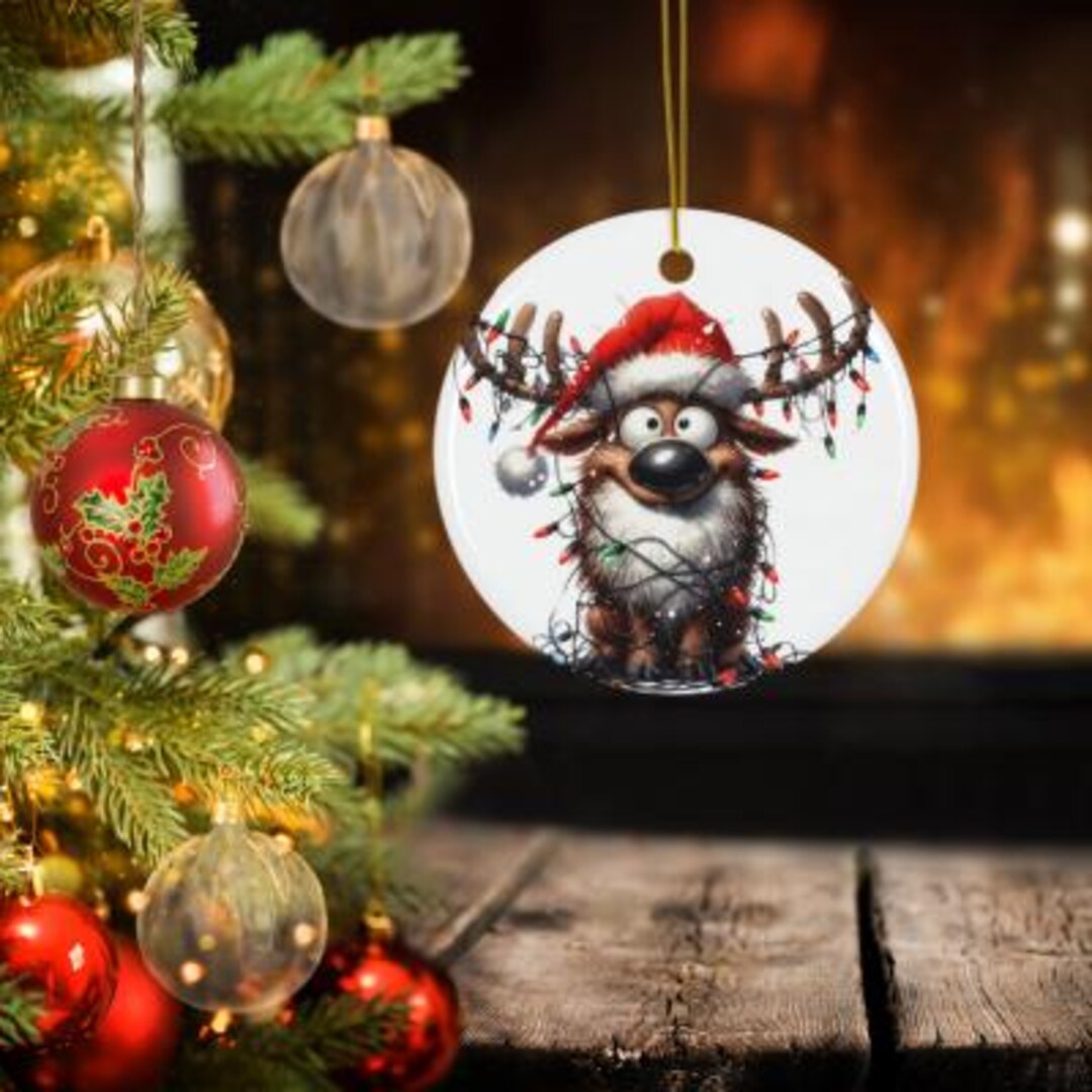 Smiling Reindeer Wrapped in Christmas Lights Ceramic Ornament | Ceramic ...