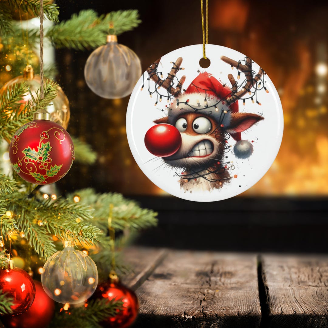 Angry Rudolph Wrapped in Christmas Lights Ceramic Ornament | Ceramic ...