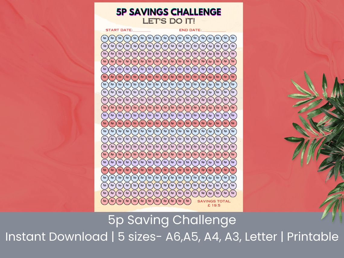 5p Saving Challenge, UK Saving Challenge Printable A3, A4, A5,A6, Money ...