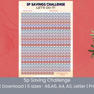 5p Saving Challenge, UK Saving Challenge Printable A3, A4, A5,A6, Money ...