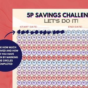 5p Saving Challenge, UK Saving Challenge Printable A3, A4, A5,A6, Money ...
