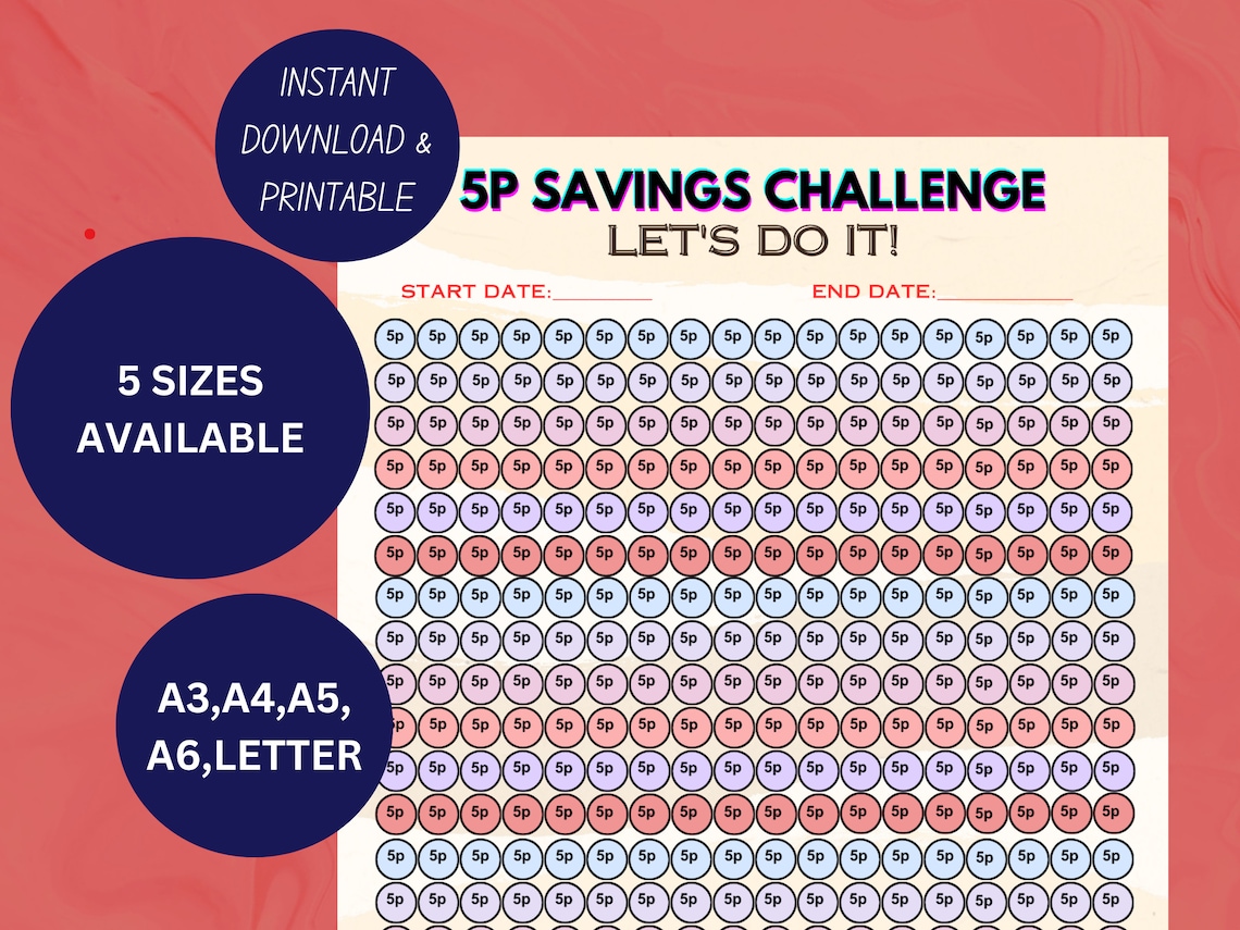 5p Saving Challenge, UK Saving Challenge Printable A3, A4, A5,A6, Money ...