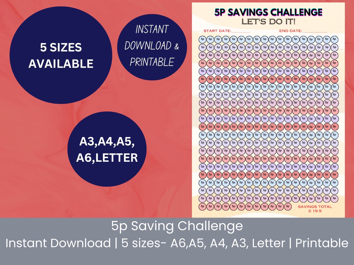 5p Saving Challenge, UK Saving Challenge Printable A3, A4, A5,A6, Money ...