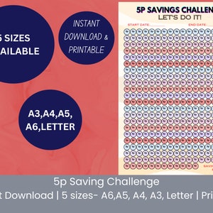 5p Saving Challenge, UK Saving Challenge Printable A3, A4, A5,A6, Money ...
