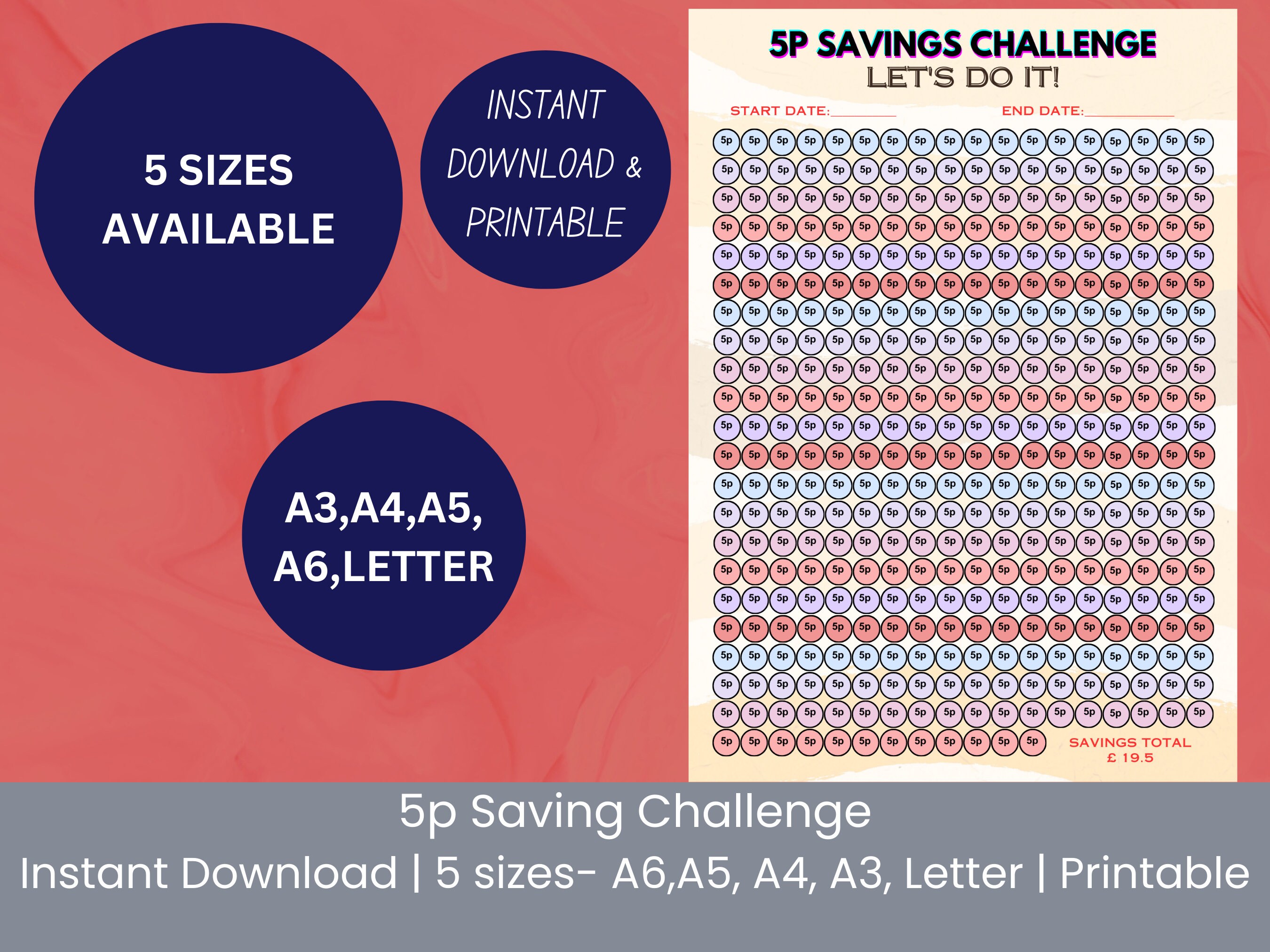 5p Saving Challenge, UK Saving Challenge Printable A3, A4, A5,A6, Money Saving Challenge ...