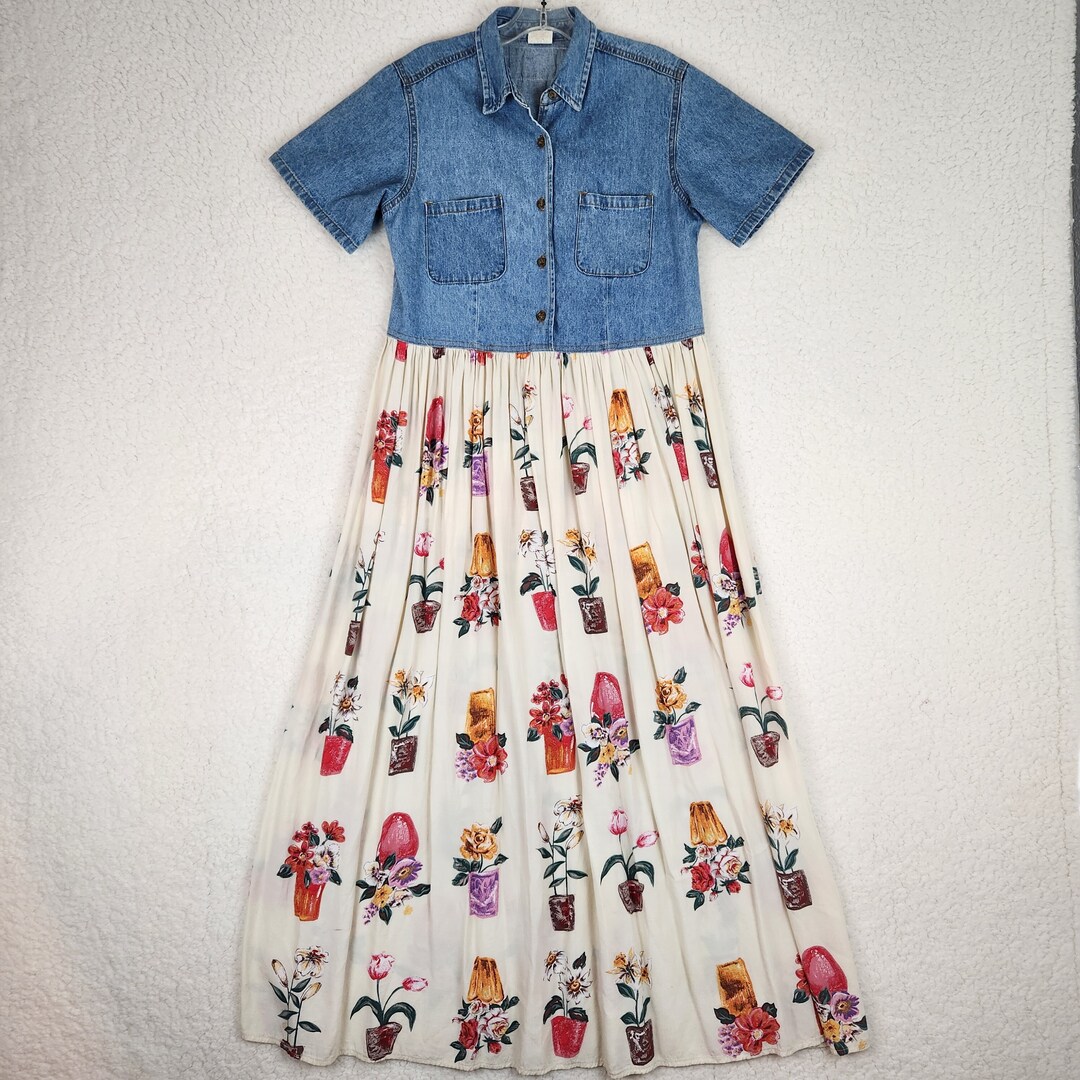 Vintage Loco Lindo Denim Maxi Shirt Dress Size M Potted Plants Floral ...