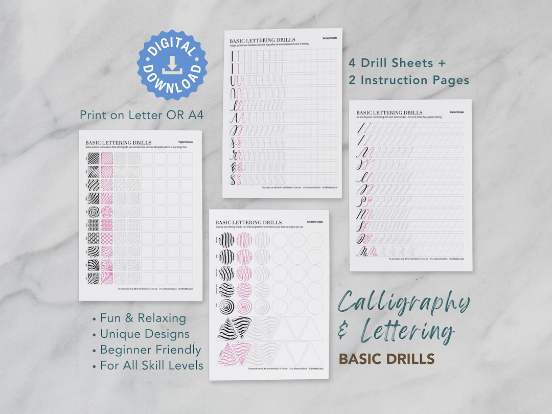 Digital Calligraphy Lettering Practice Sheets - 4 Basic Drill Sheets ...
