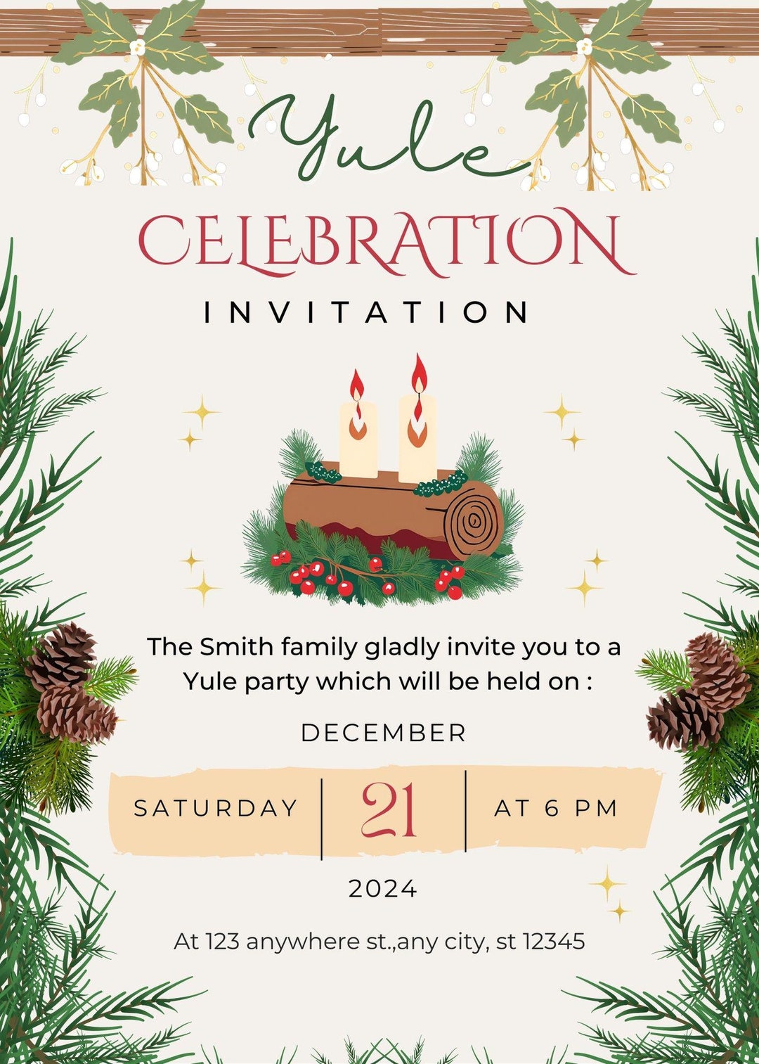 Yule Party Invitation Template; Winter Solstice Invitation Template ...
