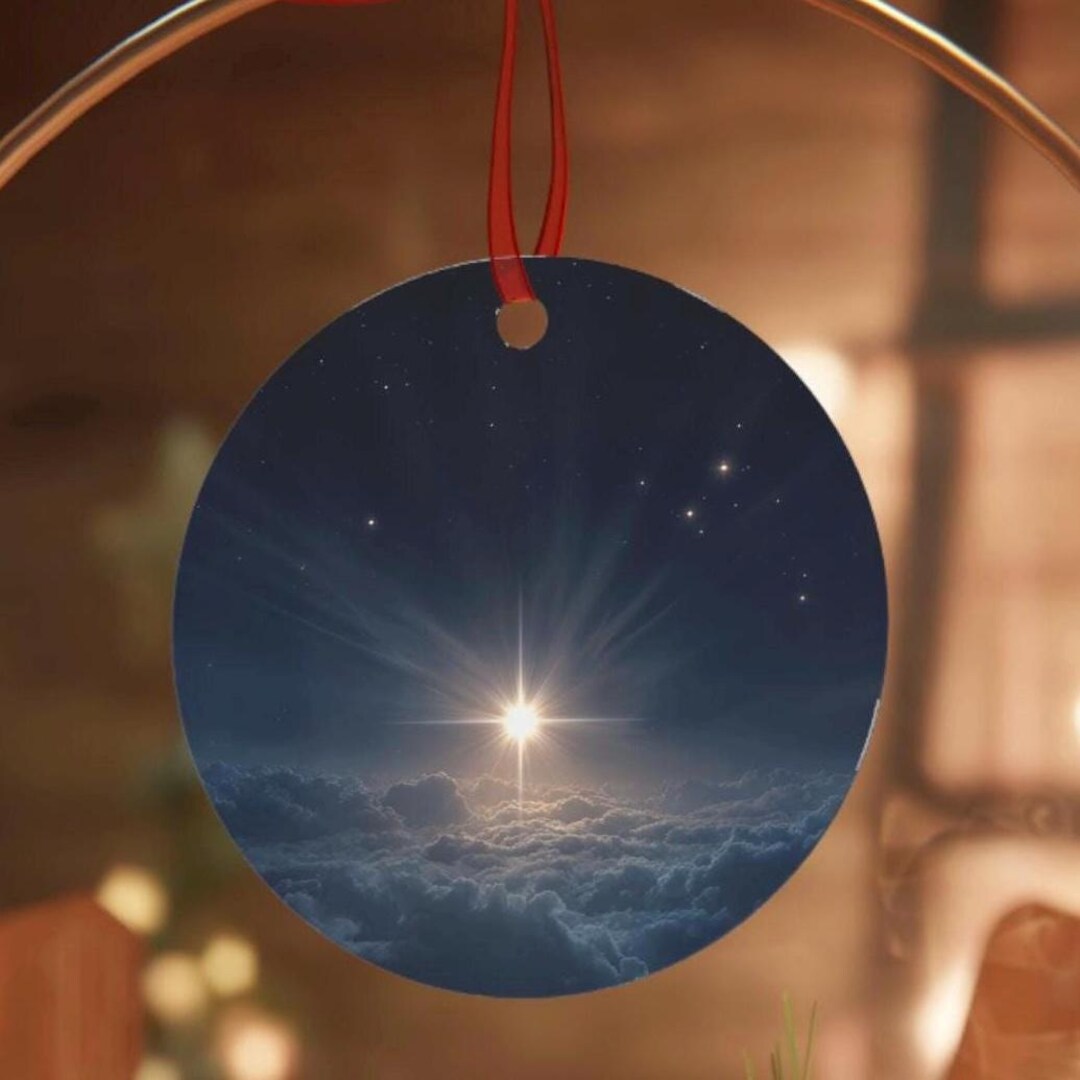Radiant North Star Over Clouds Metal Ornament | Celestial Sky Holiday ...