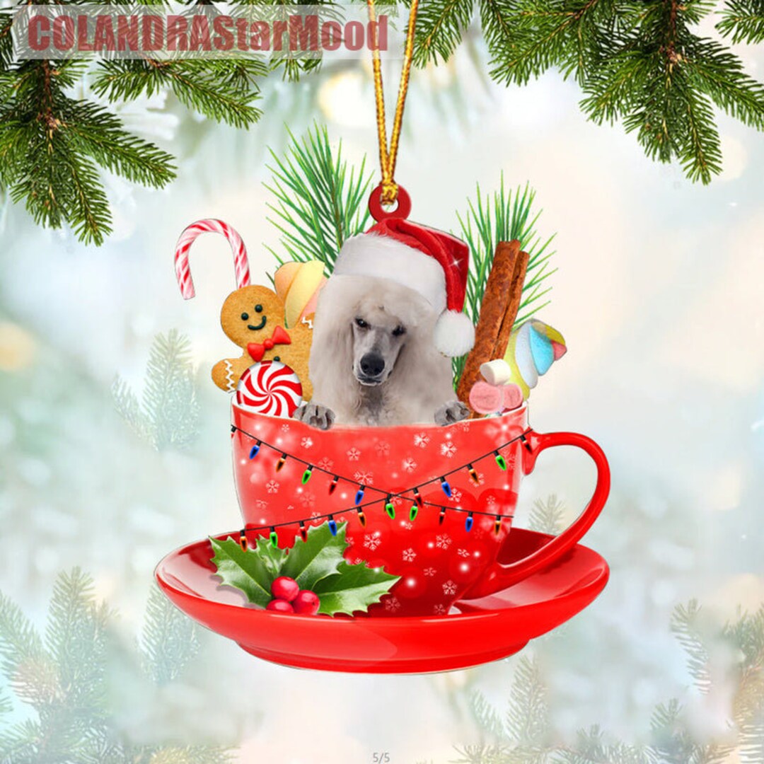 WHITE Standard Poodle in Cup Merry Christmas Ornament Flat - Etsy