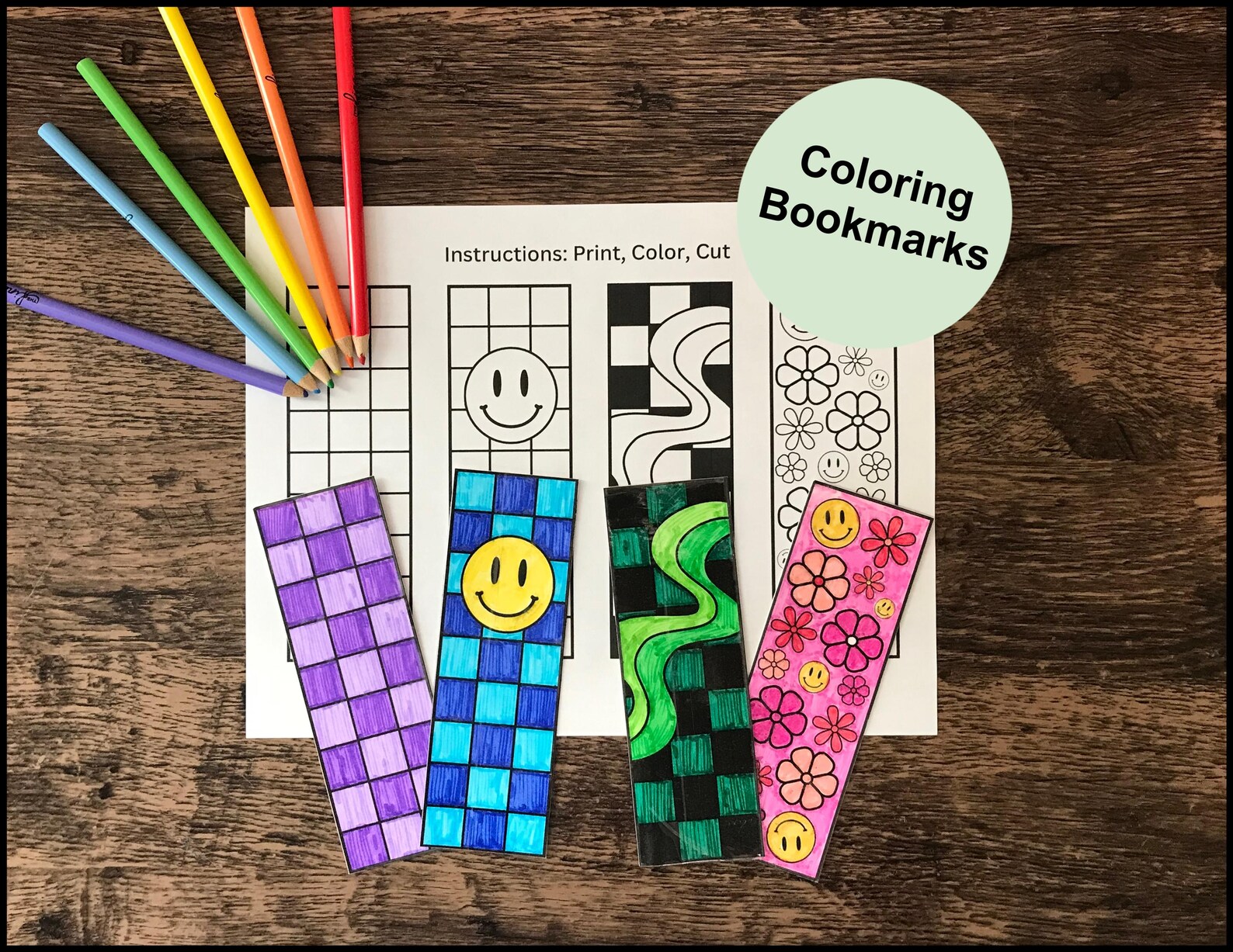 Checkerboard and Smiley Face Printable Coloring Bookmarkers - Etsy