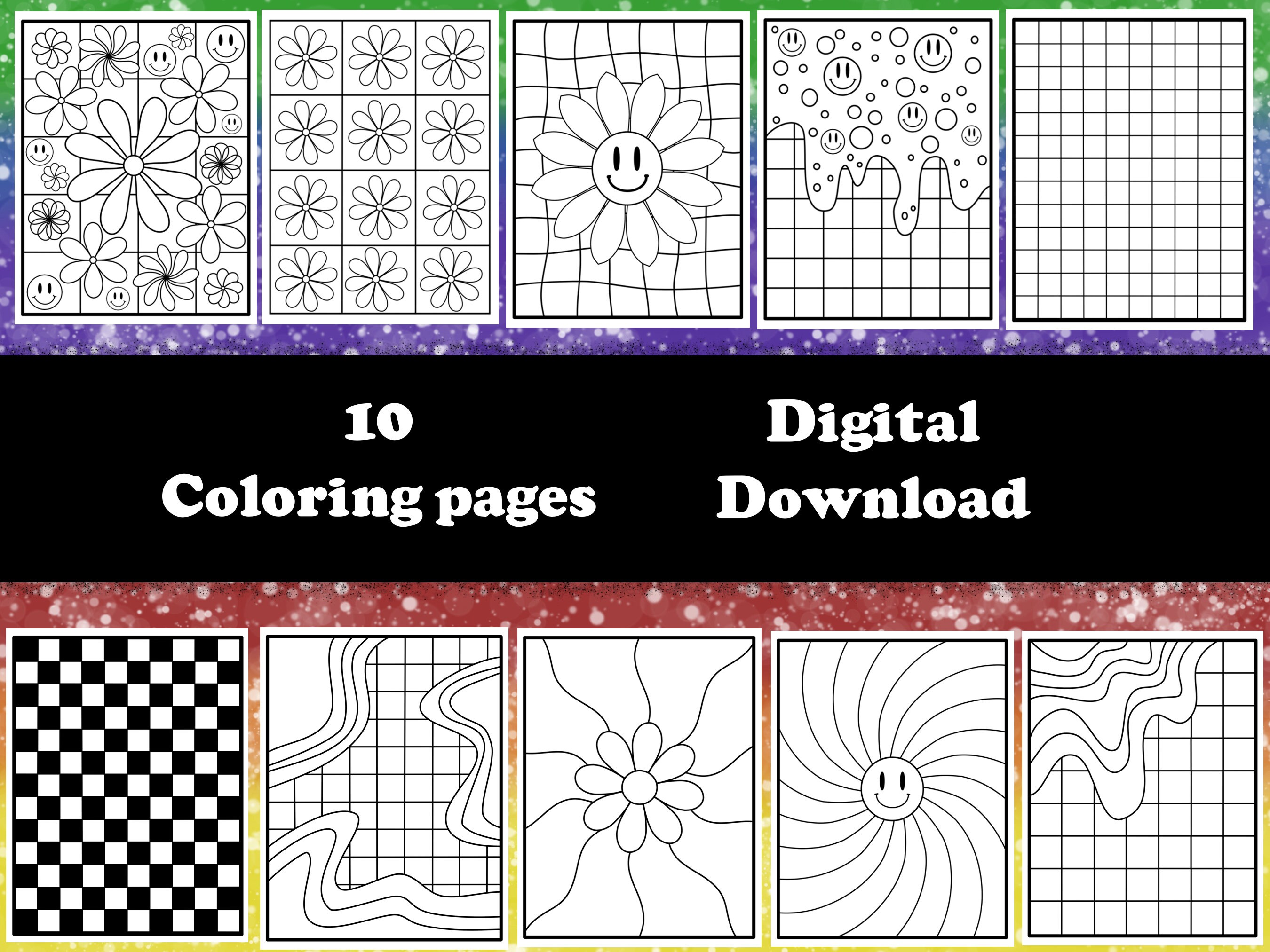 Fun Groovy Style Coloring Pages | Checkered, Smiley Face, Flower ...