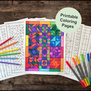 Geometric Repeating Pattern Coloring Pages, Quilt Blocks, Adult ...