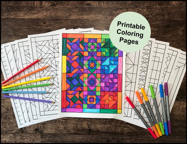 Geometric Repeating Pattern Coloring Pages, Quilt Blocks, Adult ...